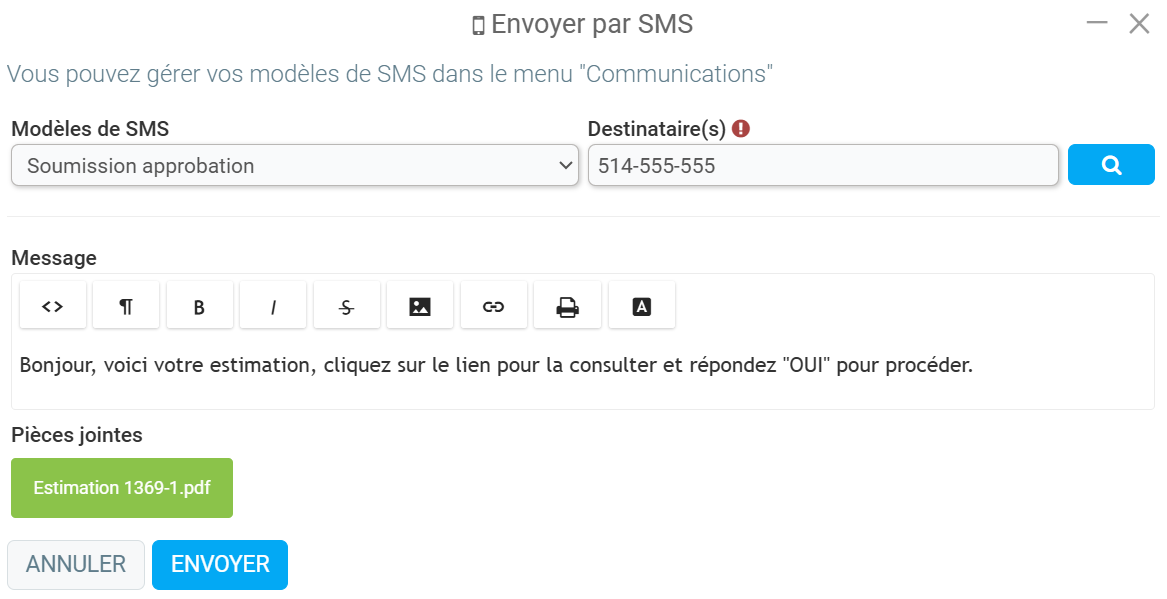 Configurer un modèle pour un SMS avec un estimé – Centre d'aide de V2V ...
